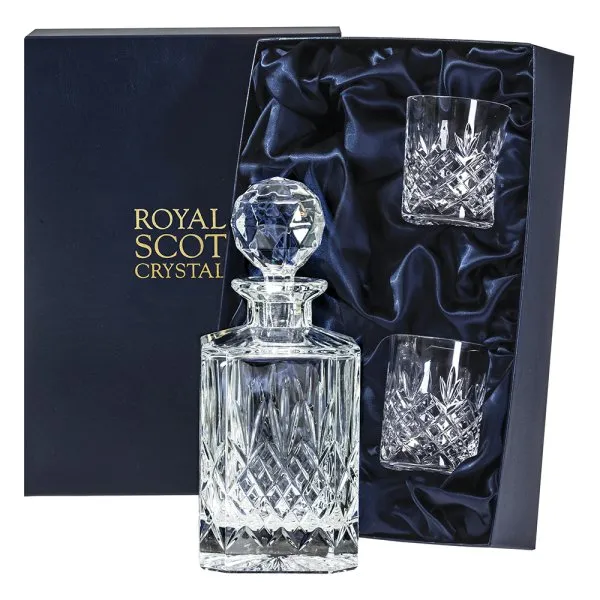 Edinburgh Crystal Whisky Set- Square Spirit Decanter & 2 Whisky Tumblers...